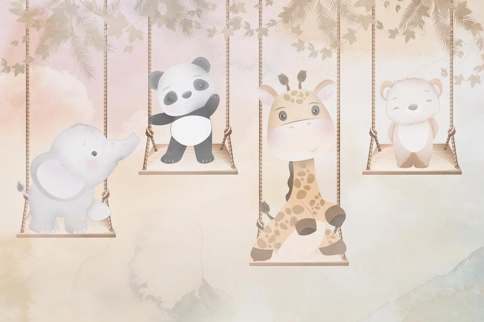 Beige children's wall mural, cheerful animals on a swing, elephant ...
