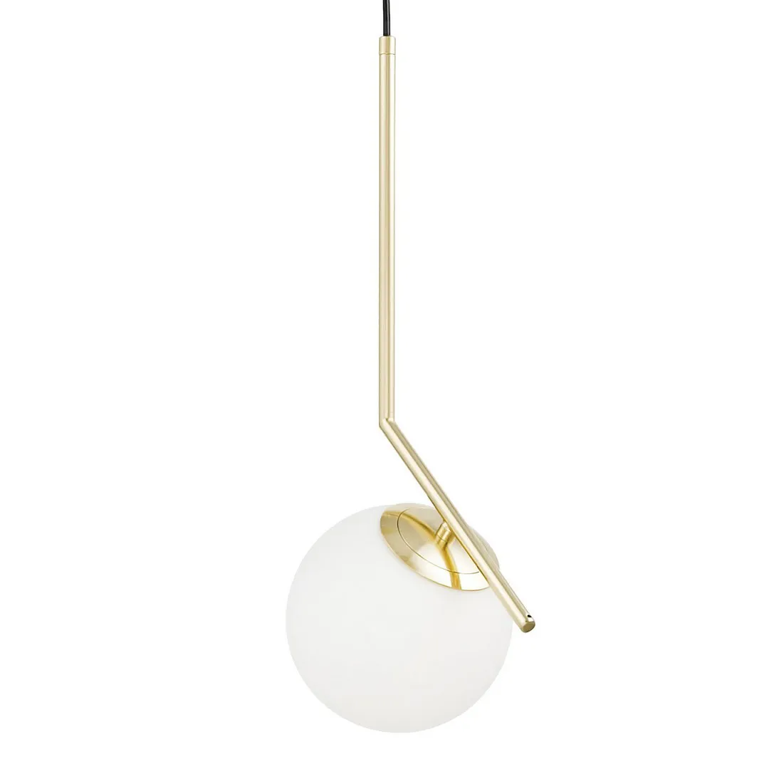 Golden pendant lamp, white glass ball, designer arm, classic gold - SORENTO